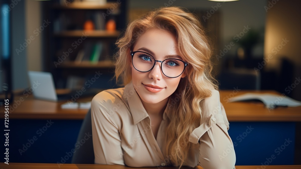 An impressive young blonde female teacher is sitting at a desk with ...