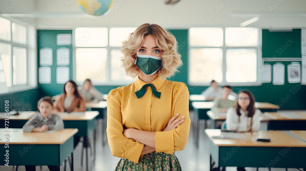 An impressive young blonde female teacher is sitting at a desk with ...