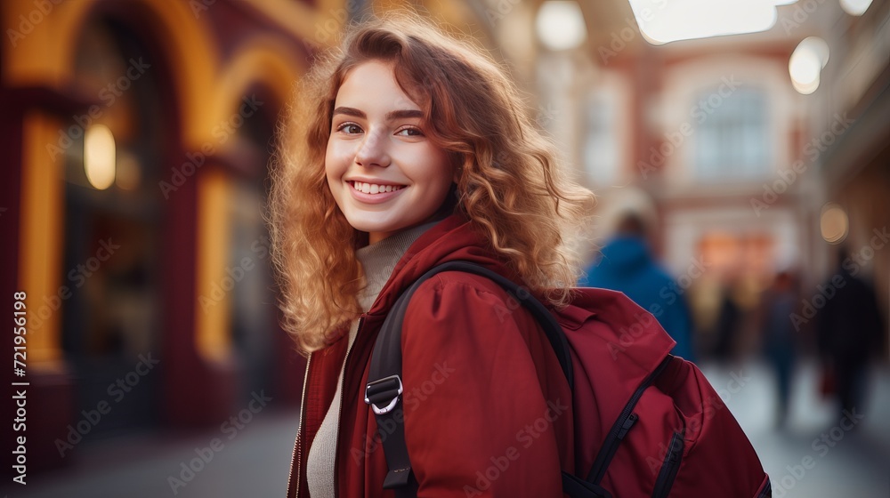 An outdoor picture of a cheerful girl who is walking home from school ...