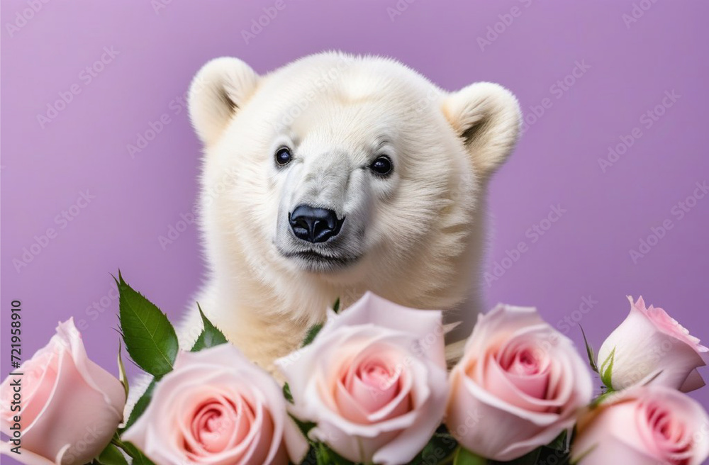 Cute polar bear peeking out from soft pink roses on a purple background ...