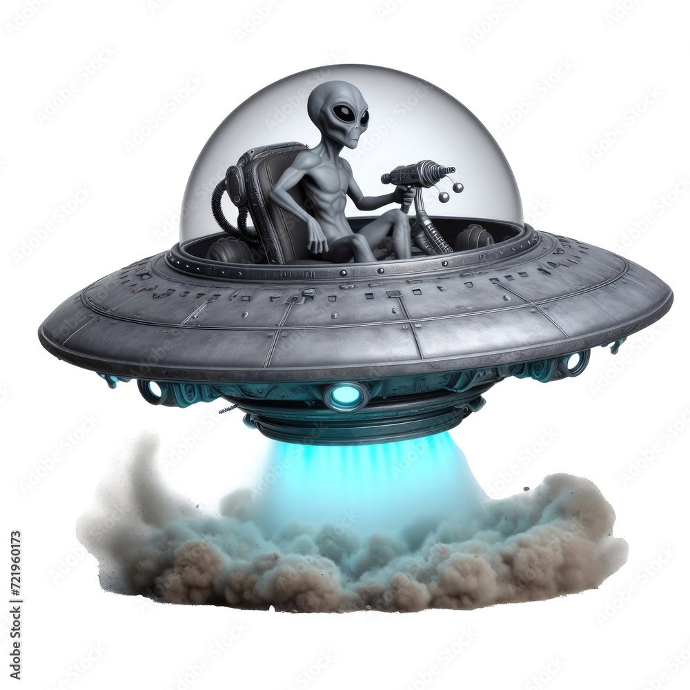 Alien piloting and flying with UFO, isolated on transparent background ...