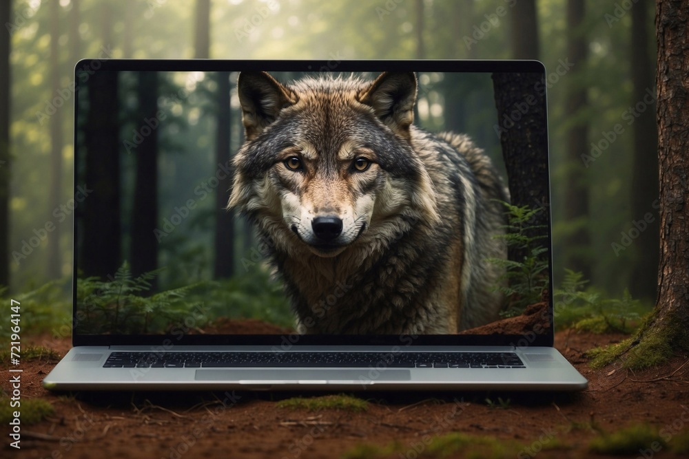 wolf on screen of laptop on table in forest, business technology with ...