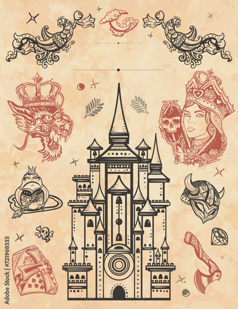 Fairy tale. Vertical background. Medieval castle, queen in the golden ...