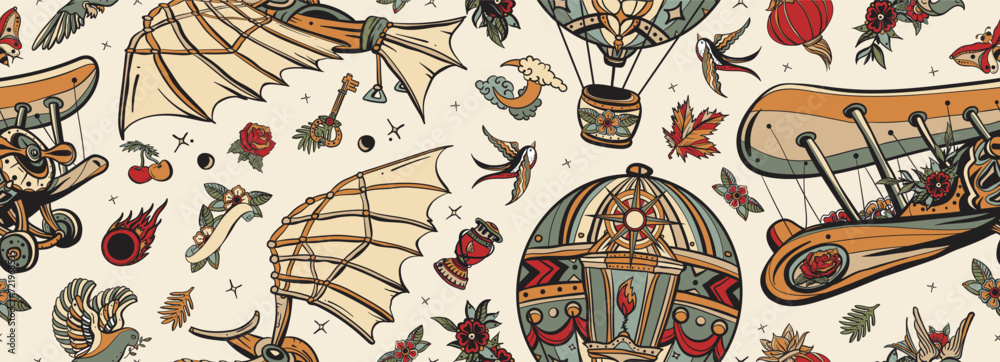 Medieval flying machines. Vintage seamless pattern. Air balloon, retro ...
