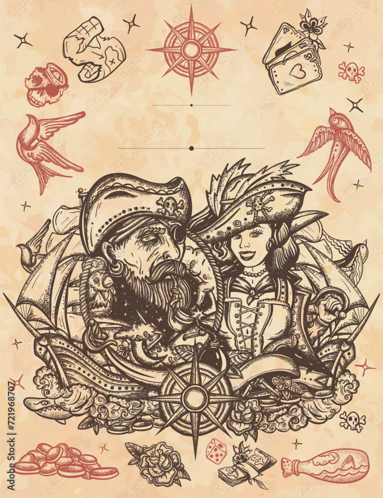 Old captain, irate girl and ships. Old paper vector. Cover page ...