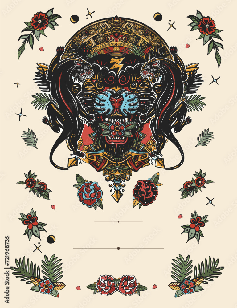 Black panthers and mayan sun calendar. frame. Mesoamerican mexican ...