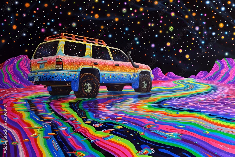a painting of a 1997 car 4runner on a Sisyphean rainbow road and ...