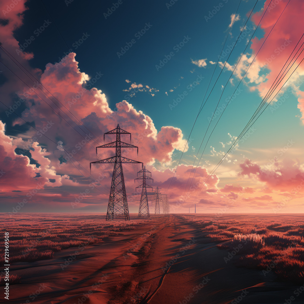 overhead power lines 3 phase, with pink clouds in the background, open ...