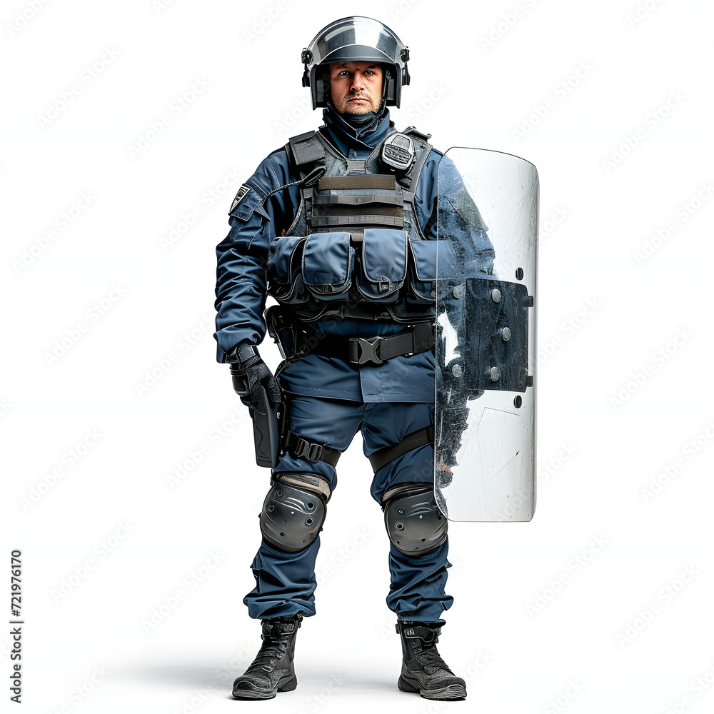 Police officer with a riot shield isolated on white background ...