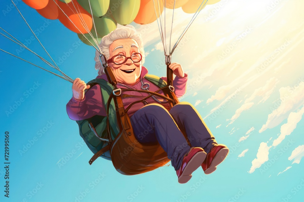 senior woman flying down during skydiving jump aged skydiver floating ...