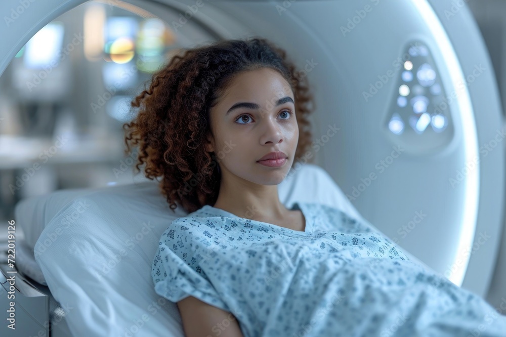 A patient with a worried expression lies in an MRI machine, dressed in ...