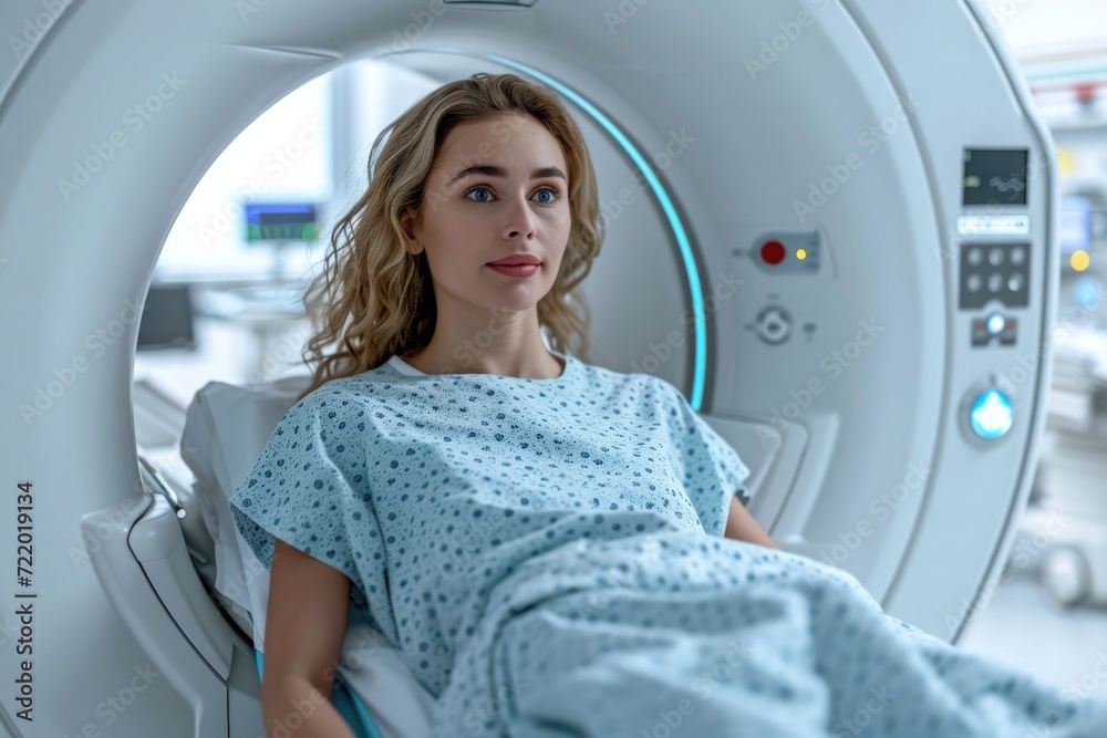 A patient with a worried expression lies in an MRI machine, dressed in ...