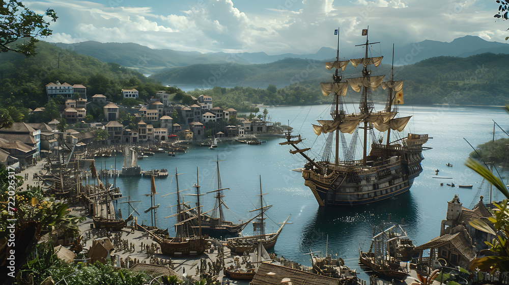 Scenes of a 17th-century pirate ship in a bustling Caribbean harbor, as ...