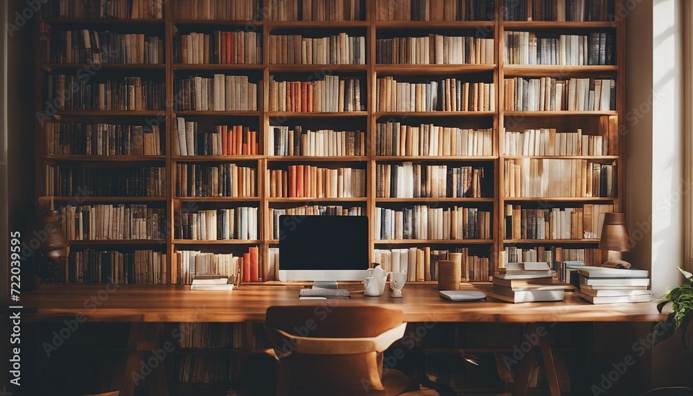 minimalist study room with wall covered with books, daylight lighting ...