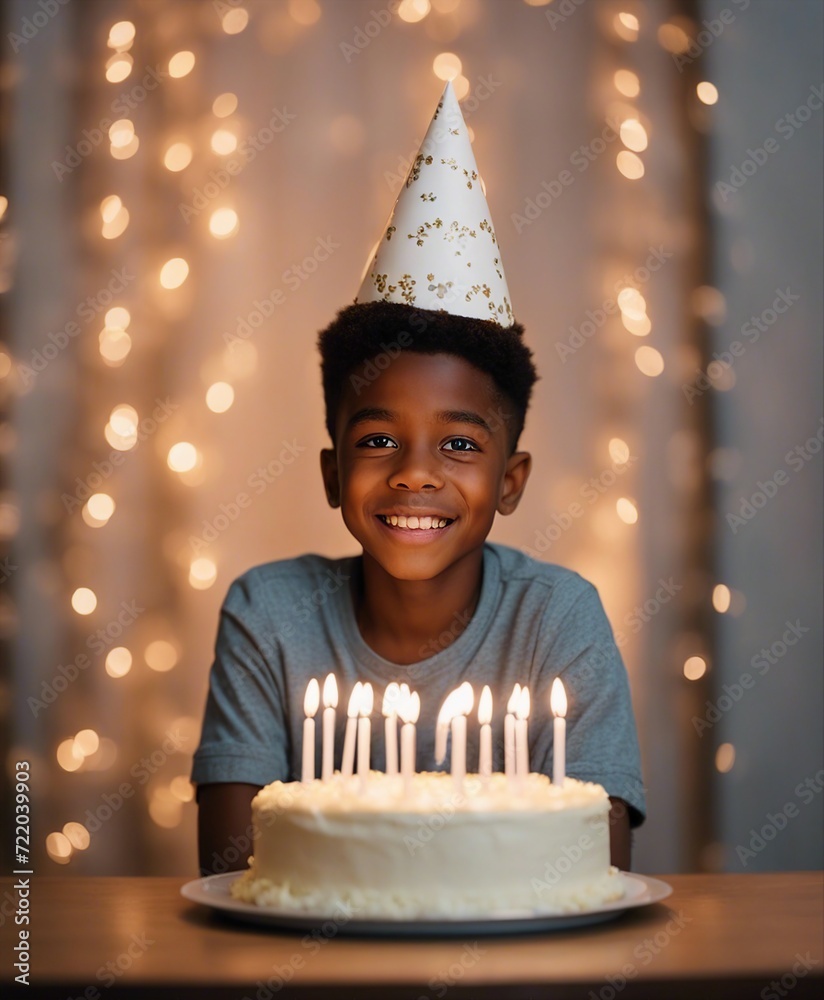 portrait of a cute African American boy celebrating his birthday in ...
