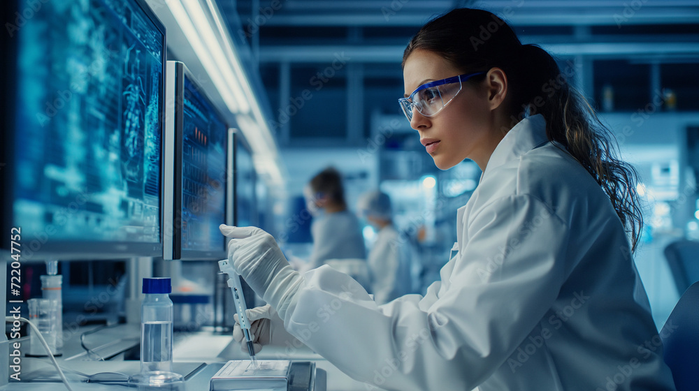 Confident young female scientist wearing a pristine white lab coat and ...