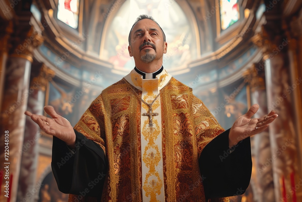 A man in a gold robe stands with outstretched hands in a holy place ...