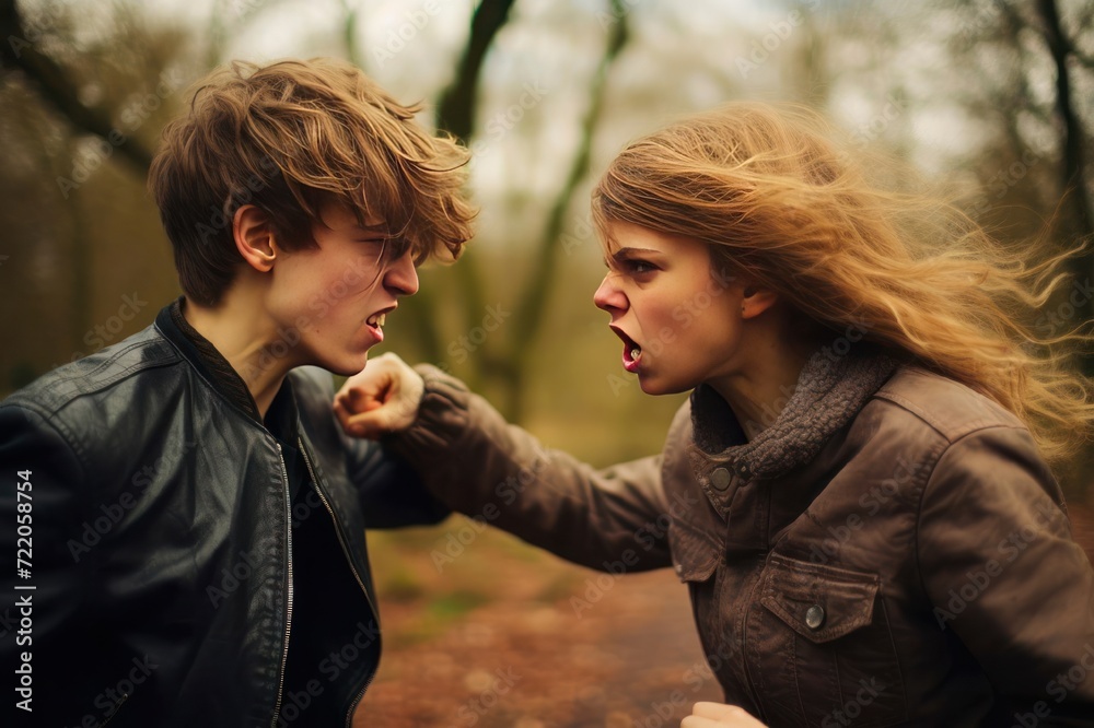 Two young teenagers fighting angry and shouting at each other, young ...
