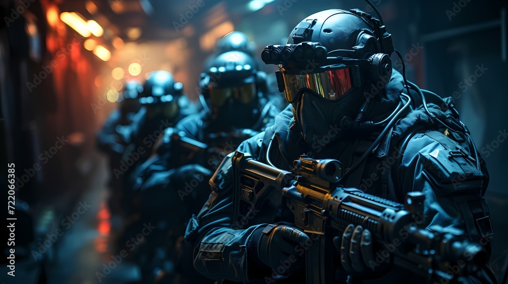 Special forces operators in full gear conducting a night-time operation ...