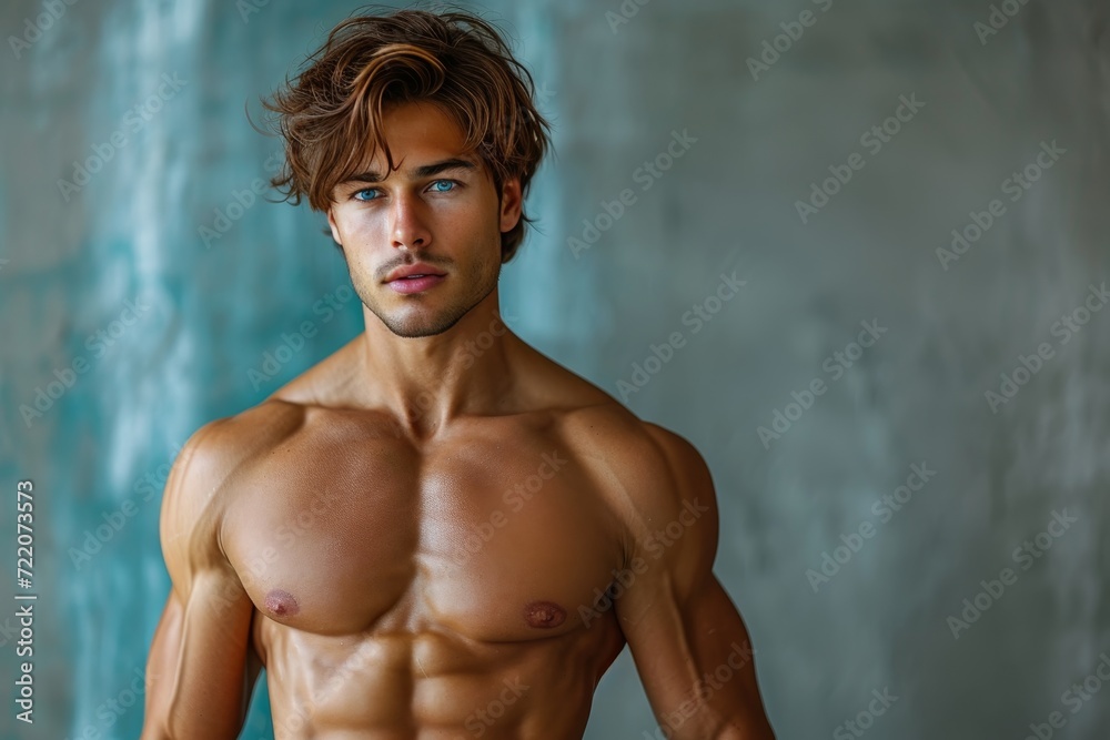 A shirtless bodybuilder proudly flexes his muscles, revealing a ...