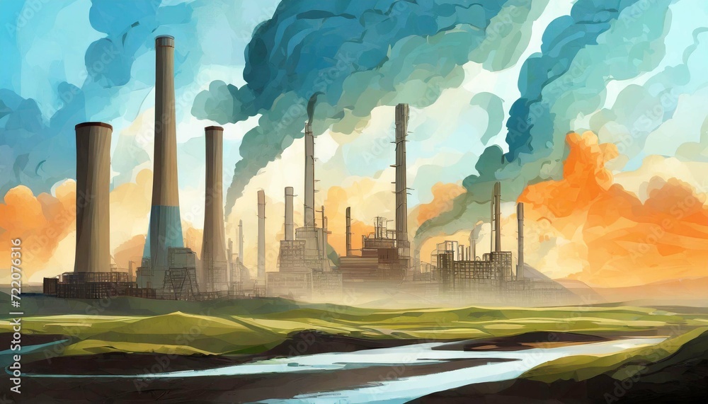 Illustration of factory in nature landscape with big chimney smoke, air ...