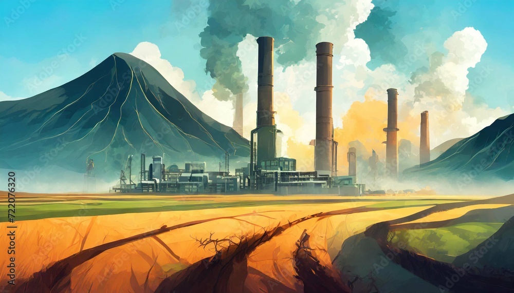 Illustration of factory in nature landscape with big chimney smoke, air ...