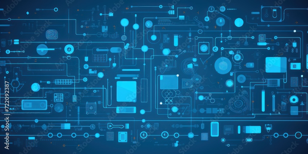Cyan-blue abstract technology background using tech devices and icons ...