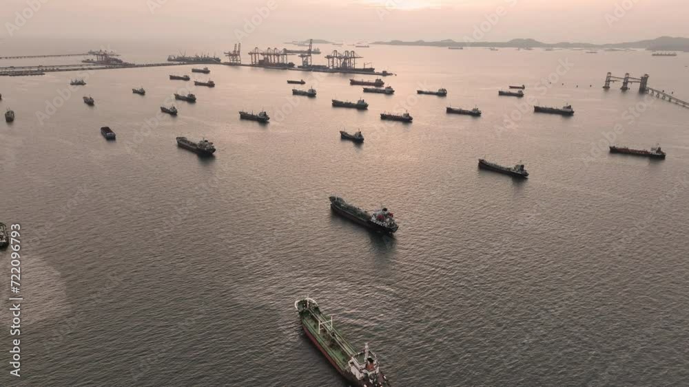 many Oil Crude Gas Tanker Ship, Cargo container Ship offshore mooring ...