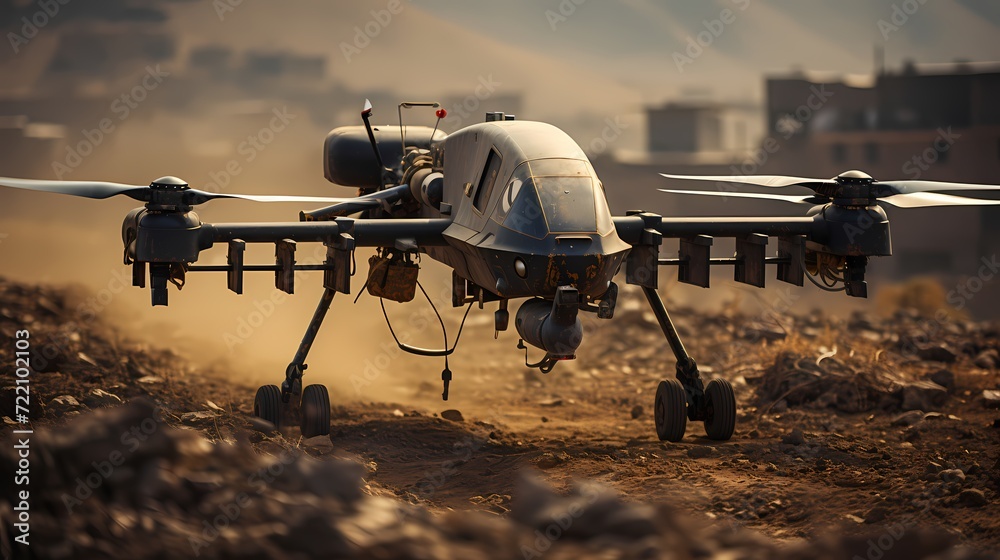 Unmanned aerial vehicle (UAV) capturing real-time footage of a military ...