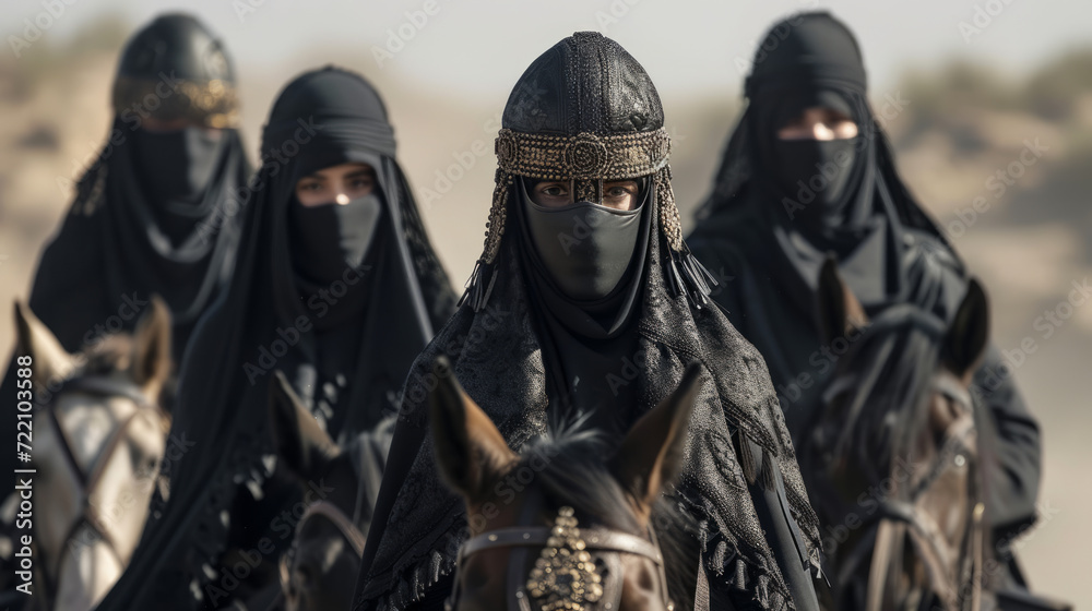 Ancient brave female muslim Arabic warriors on horses. Stock ...