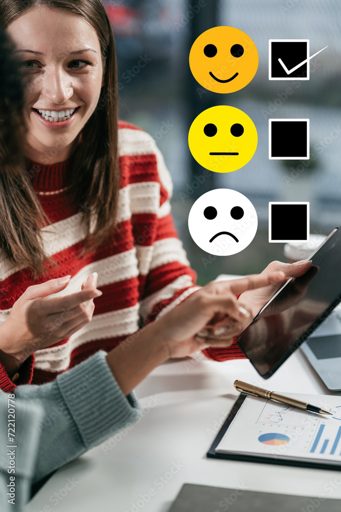 Happy Client customer experience concept. Woman recording phone inquiry ...