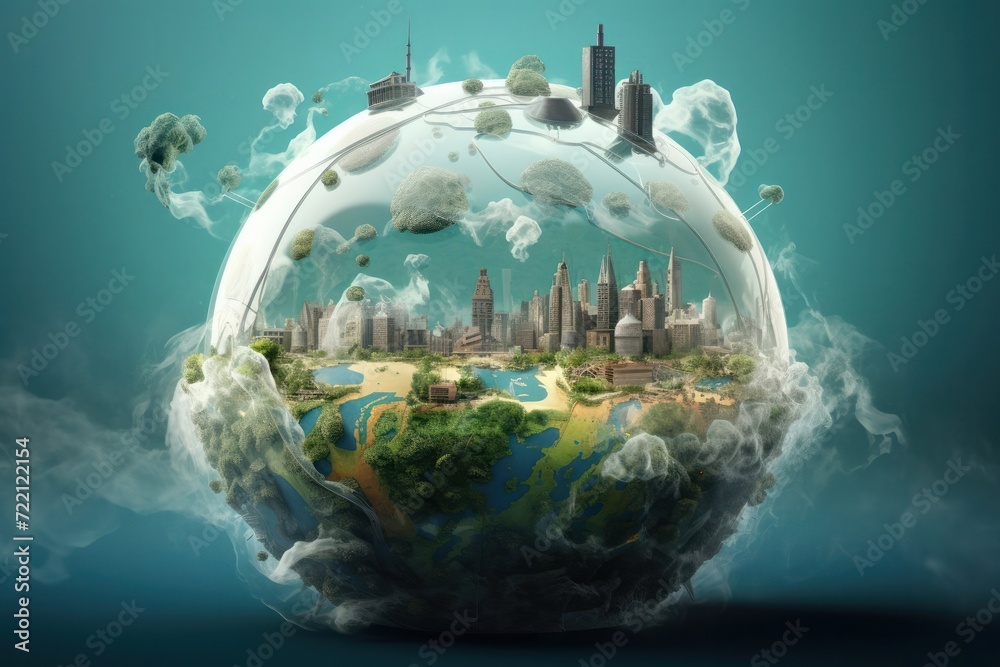 Abstract Glass Globe Green Planet in sphere with forest and ocean water ...
