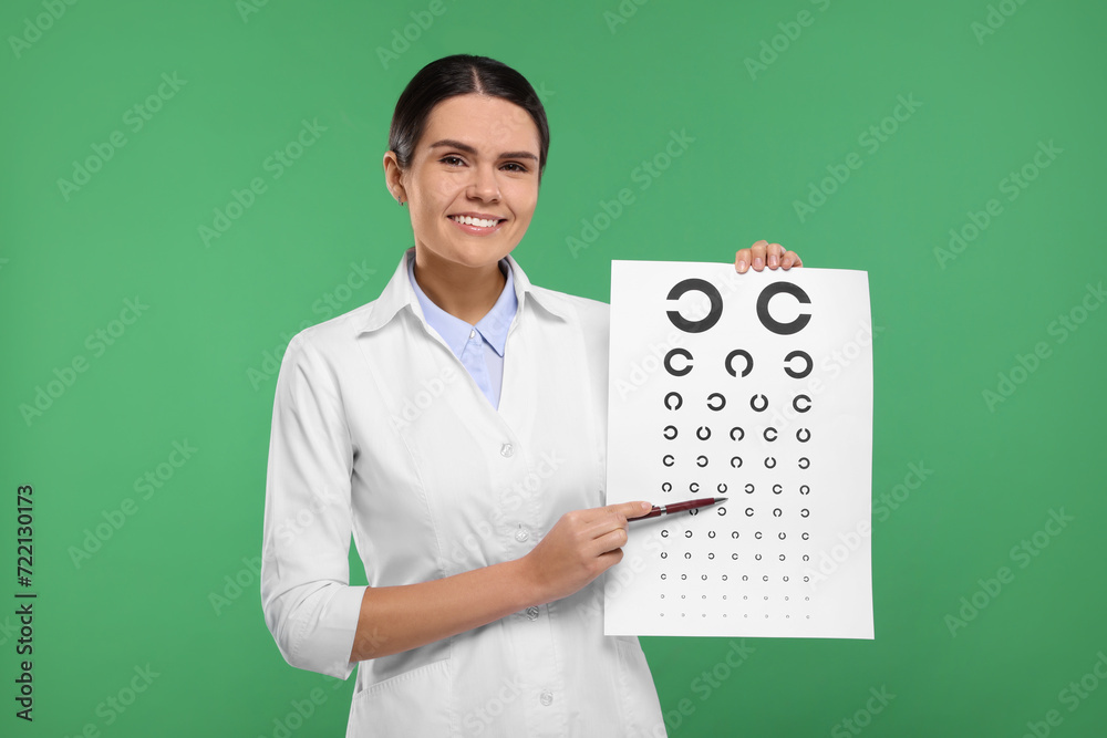 Ophthalmologist pointing at vision test chart on green background Stock ...