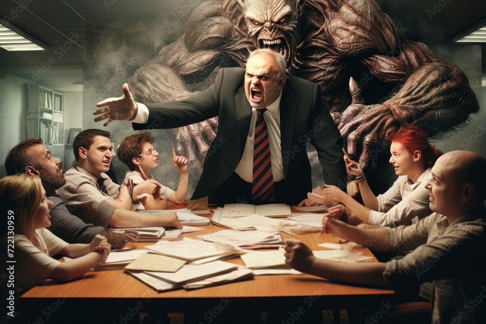 Angry boss shout in chaos office because of failure deadline. Abstract ...