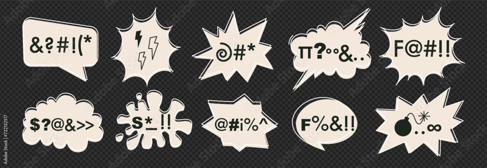 Set of hand drawn comic speech bubbles with swear words. Abstract anime ...