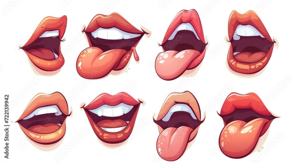 Cartoon Cute Mouth Expressions Facial Gestures Set With Pouting Lips