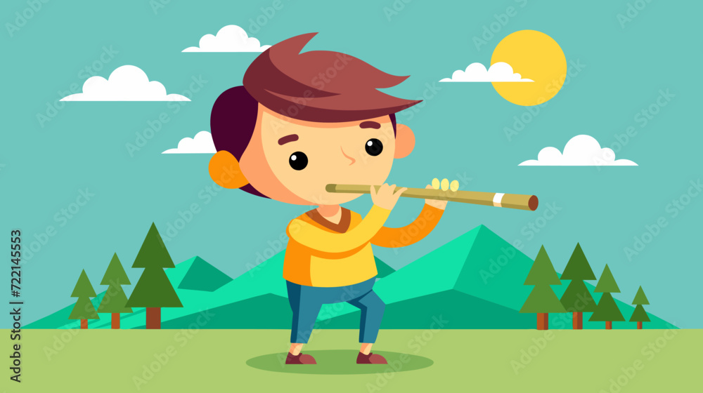 Cartoon boy playing flute in sunny mountain landscape vector ...