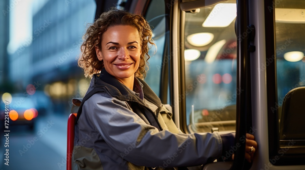 Smiling portrait of a middle age female bus driver working in the city ...