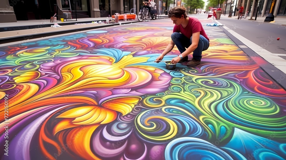 Street muralist using vibrant chalk to create a temporary masterpiece ...