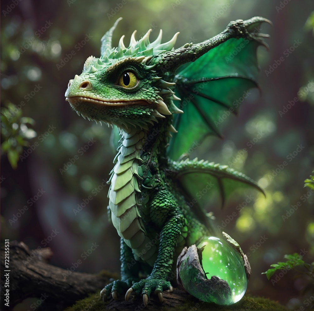 adorable dragon kid with miracle dragon egg posing at wooden log. 2024 ...