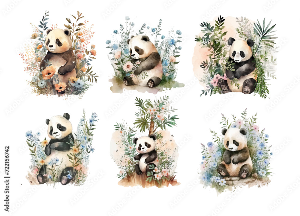 Cute panda. Watercolor clipart on a white white background. Stock ...
