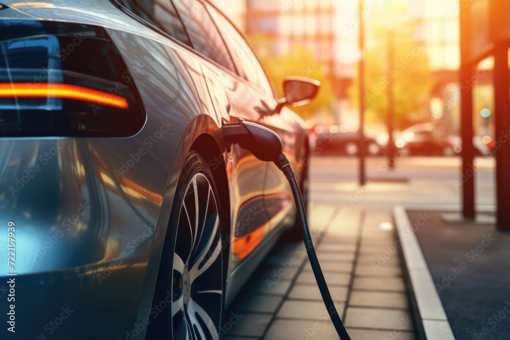 An electric car seamlessly connected to a charging station amidst the ...