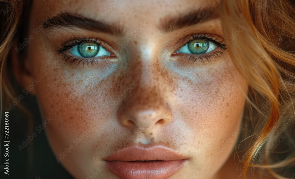 portrait of a girl, fair skin, moles and freckles on her face. glossy ...