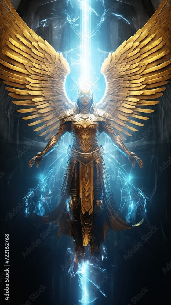 angel in golden armor, neon blue wings, wrapped in beam of light ...