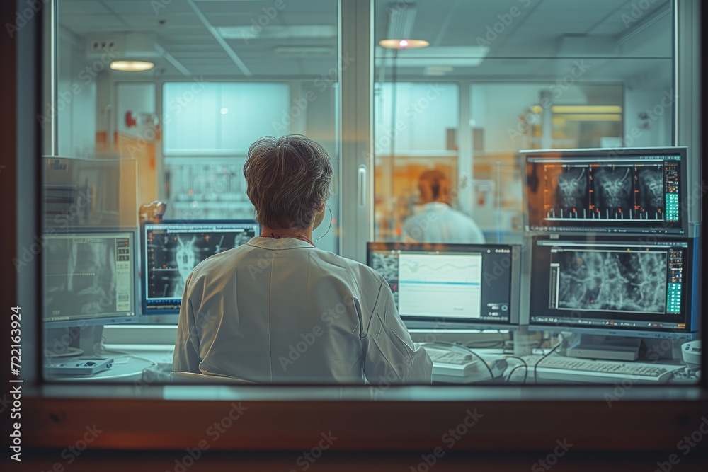 Hospital X-ray room seen from the control room, operator monitoring the ...