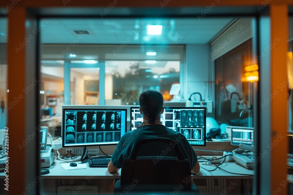 Hospital X-ray room seen from the control room, operator monitoring the ...