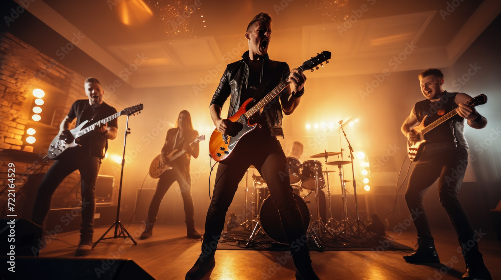 Rock Band with Guitarists and Drummer Performing at a Concert in a ...