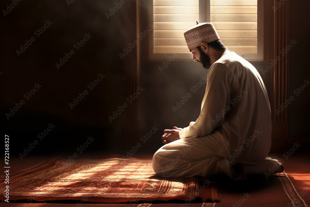 Muslim praying, prayer mat laid out, morning devotion, Islamic worship ...