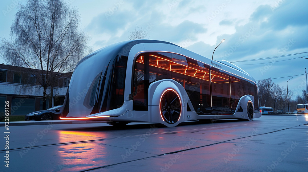 Futuristic electric bus in the shape of a sports car, letters on the ...