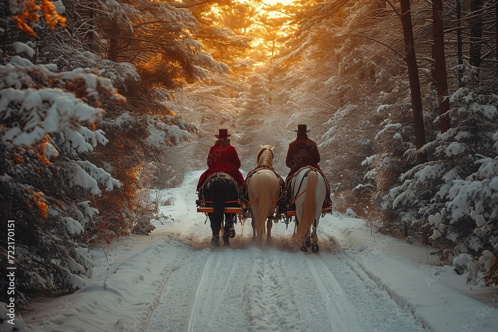 Romantic horse-drawn sleigh ride through a snow-covered forest Stock ...